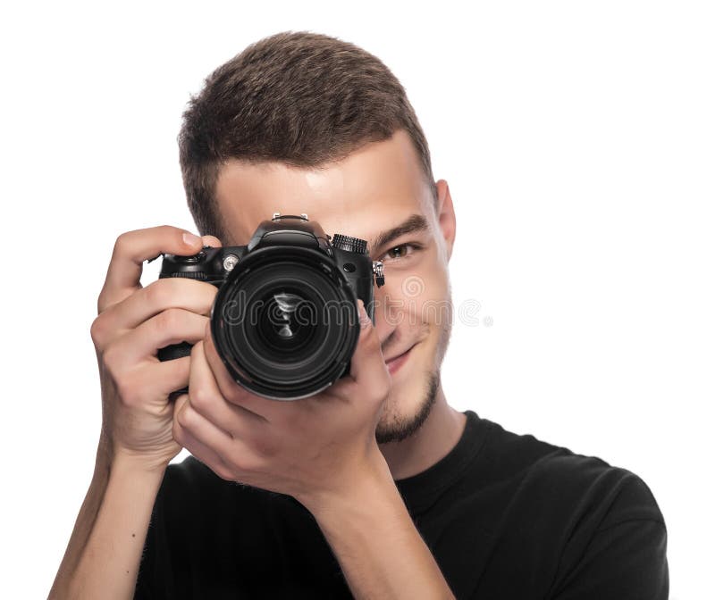 Handsome Young Man Holding a DSLR Camera. Stock Image - Image of movie ...