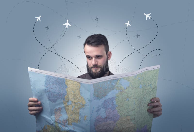 Young man holding map stock photo. Image of flight, path - 103045178