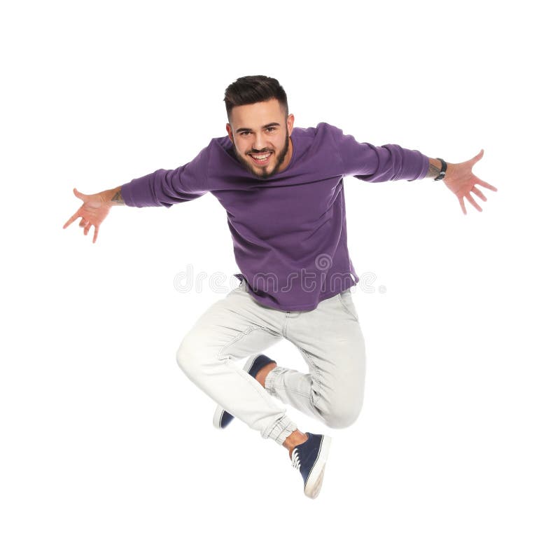 398 Happy Attractive Man Jump Pose Stock Photos - Free & Royalty-Free ...