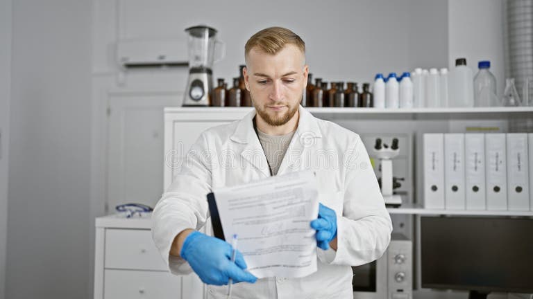 Handsome Young Man in Lab Coat Reading Document Indoors at the ...