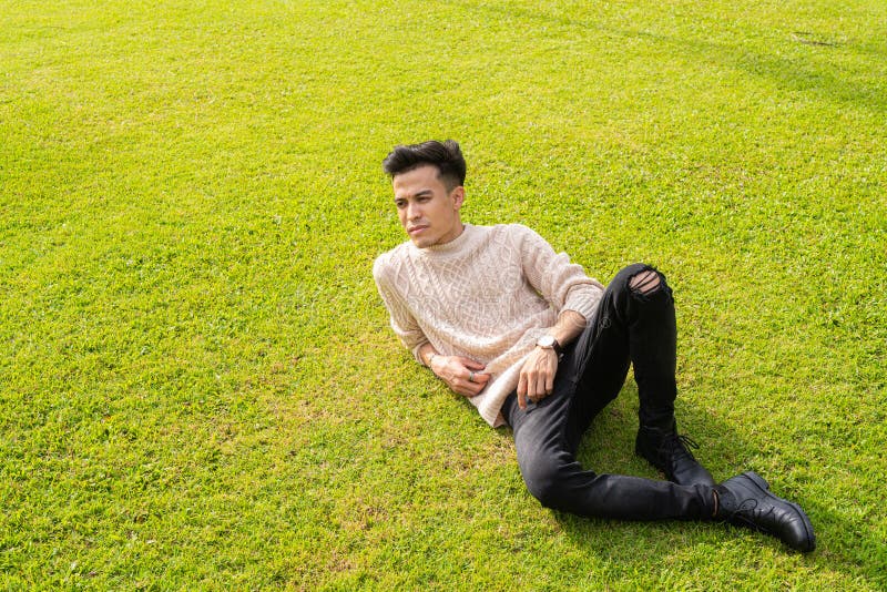 Handsome Young Man Laying Down On Grass During Summer At Park Stock Image Image Of Fashionable