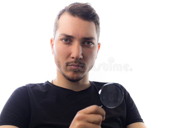 Handsome Young Man Magnifier Selective Focus Eyes Portrait White ...
