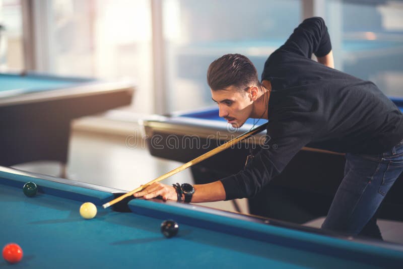 Handsome Young Man Playing Pool in Pub Stock Photo - Image of active ...