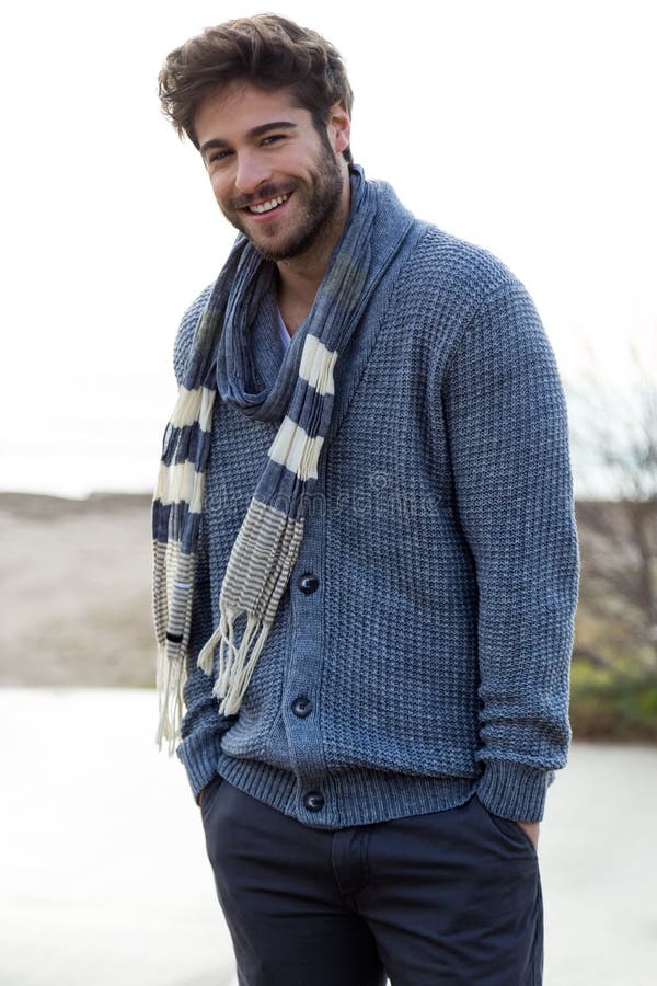 Handsome Young Man Posing in a Cold Winter on the Beach. Stock Image ...