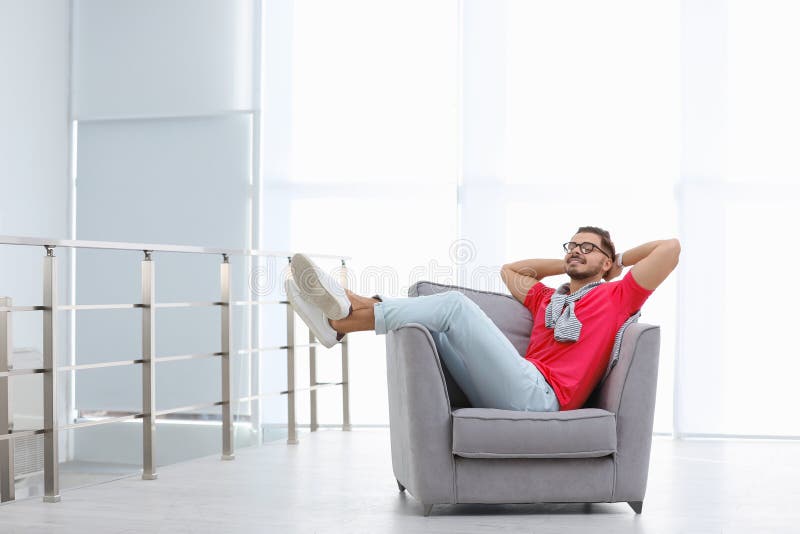 Handsome Young Man Resting In Armchair Indoors Stock Image Image Of Copy Male 135116885