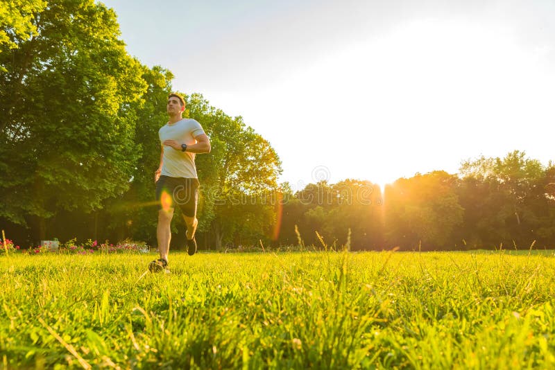 A Handsome Young Man Running during Sunset in a Park Stock Image ...