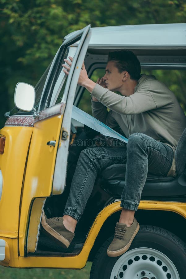 Man in retro minivan stock image. Image of lifestyle - 102153245