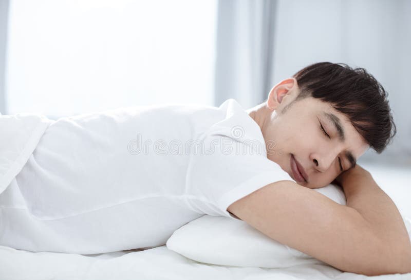 Handsome Young Man Sleeping in Bed Stock Image - Image of portrait ...