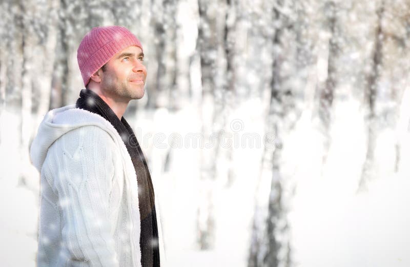Handsome Young Man Standing in Forest in the Snow Stock Image - Image ...