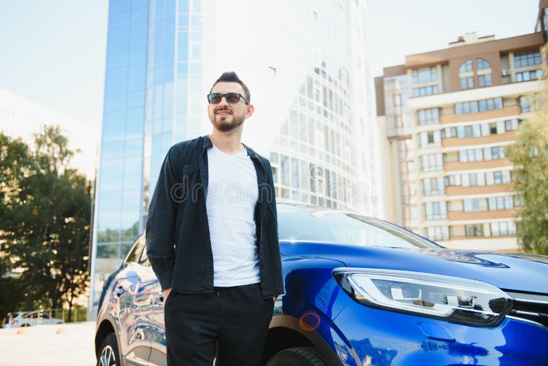Handsome Young Man in Standing Near Car Outdoors Stock Photo - Image of ...
