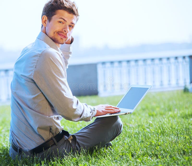 Handsome Young Man Surfing Internet Pages Outdoor Stock Image - Image ...