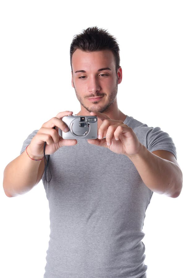 Handsome Young Man Taking Photo with Compact Camera Stock Photo - Image ...