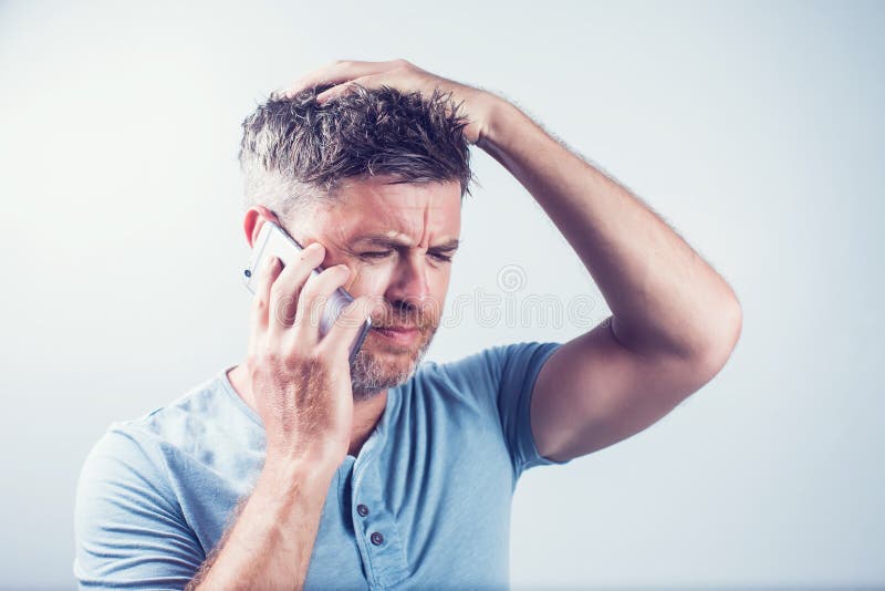 Handsome Young Man Using Mobile Phone Feel Sad Stock Photo - Image of ...