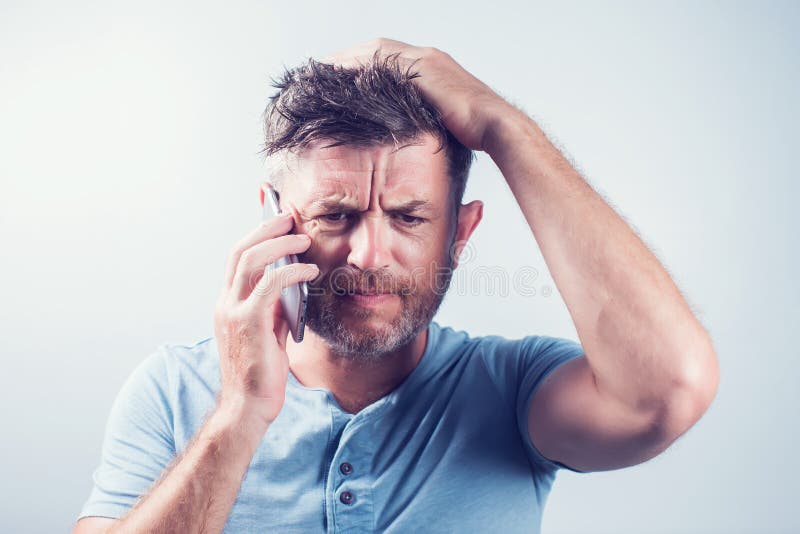 Sad Man in the Street Using a Smart Phone Stock Photo - Image of cell ...
