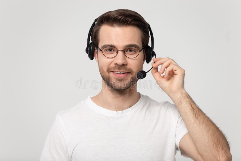 Closeup Portrait Young Man Call Center Employee Headset Isolated White ...