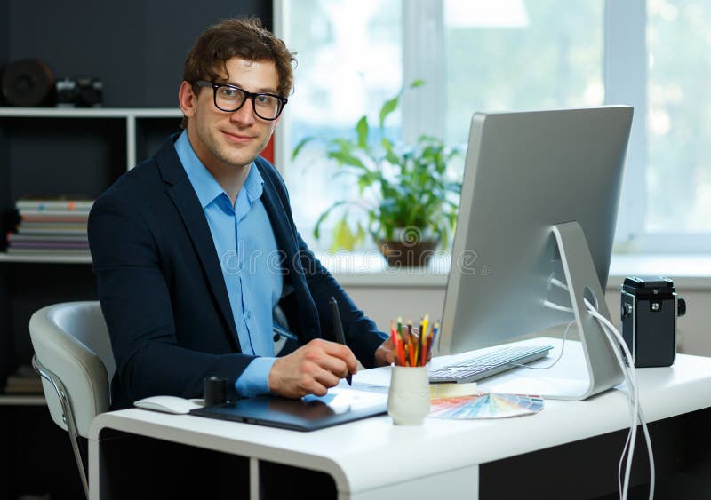 Handsome Young Man Working from Home Office Stock Image - Image of ...
