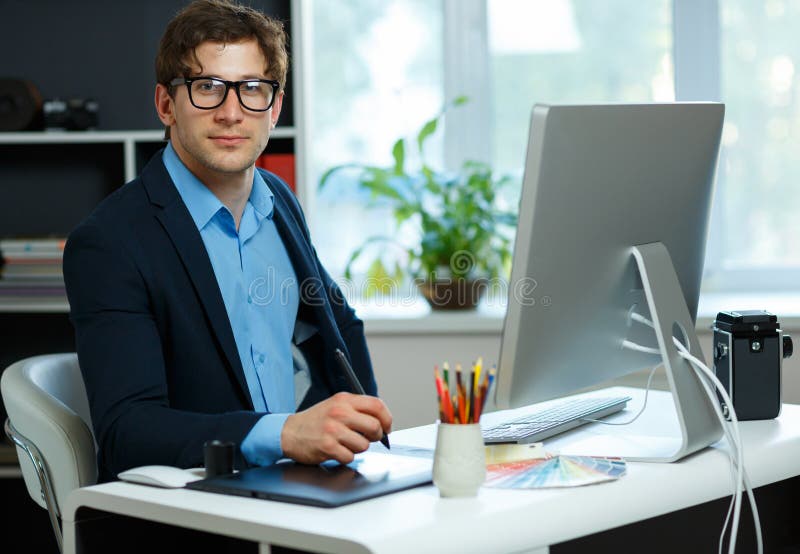 Handsome Young Man Working from Home Office Stock Photo - Image of ...