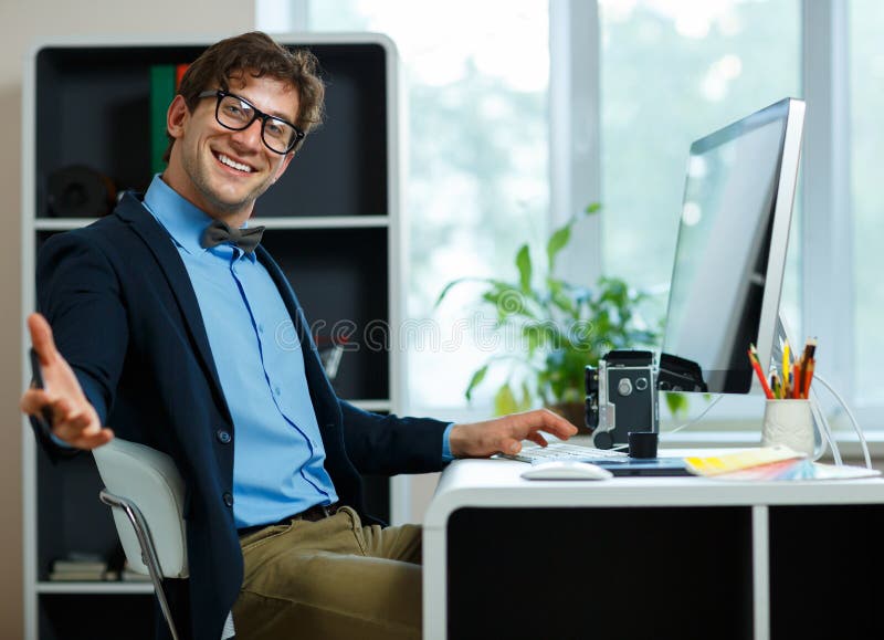 Handsome Young Man Working from Home Office Stock Photo - Image of ...