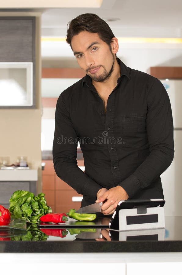 Handsome Young Modern Man Cooking Healthy Recipe Stock Photo - Image of ...