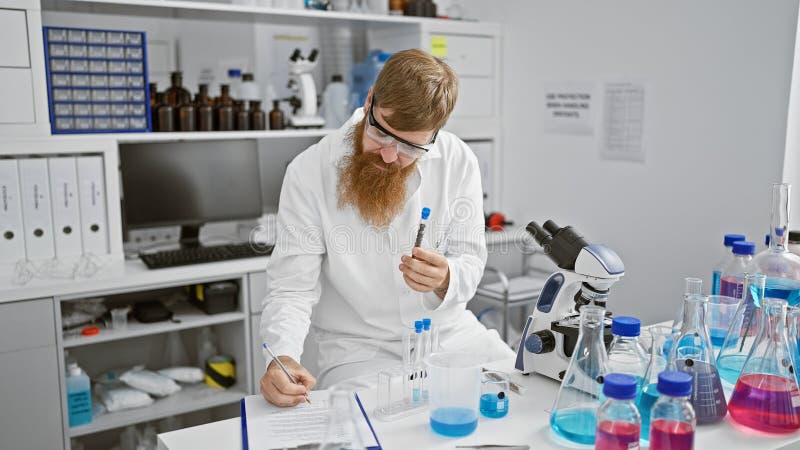Handsome Young Redhead Man Working in Laboratory, Serious Scientist ...