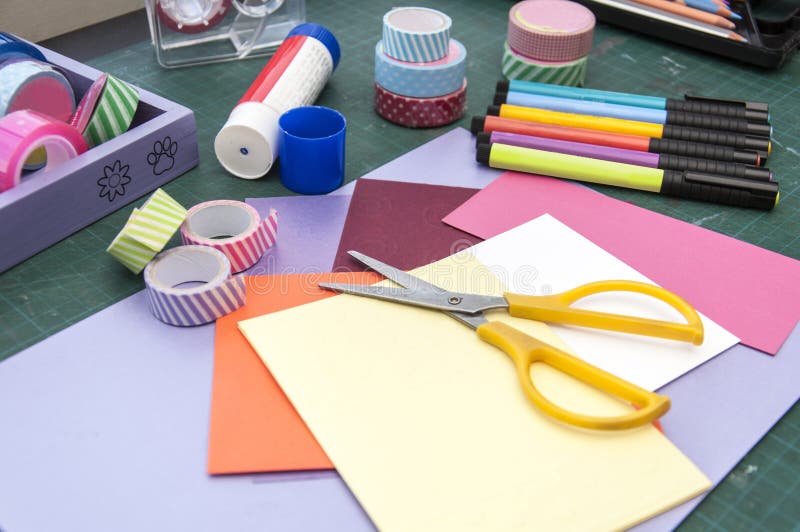 Colored Paper, Markers And Scissors Stock Photo - Image of kindergarten ...