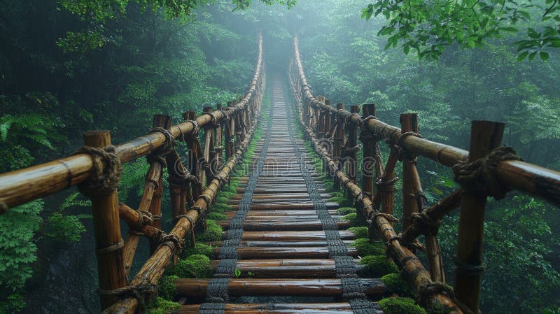 Handwoven Bamboo Bridge Stretches Across Deep Ravine in Dense ...