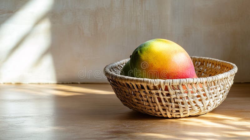 A Handwoven Basket with a Single Mango, Styled on a Wooden Counter ...