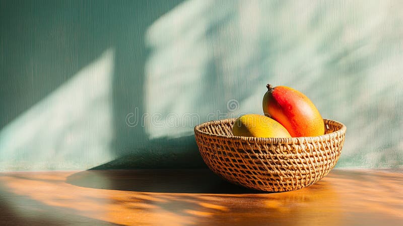 A Handwoven Basket with a Single Mango, Styled on a Wooden Counter ...