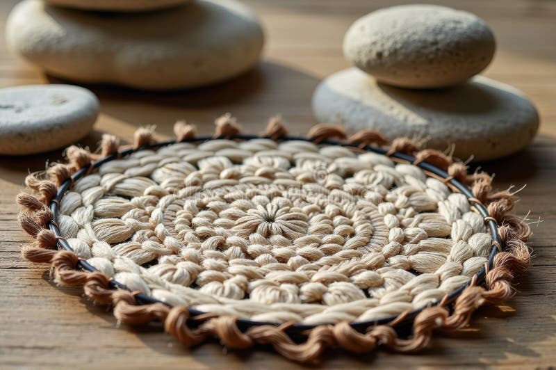 Handwoven Bohemian Style Macrame Mat with Zen Stones on Wooden Surface ...