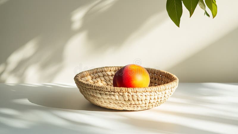 A Handwoven Fruit Basket with a Single Peach Resting Inside, Styled on ...