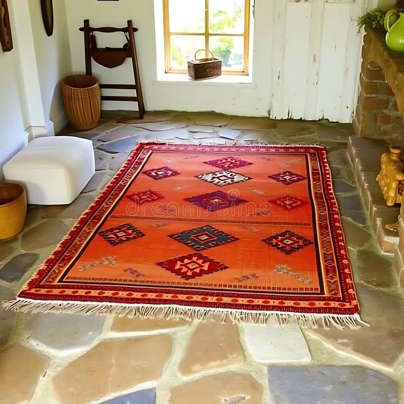 A Handwoven Rug Featuring Tribal Patterns and Warm Earth Tones Placed ...