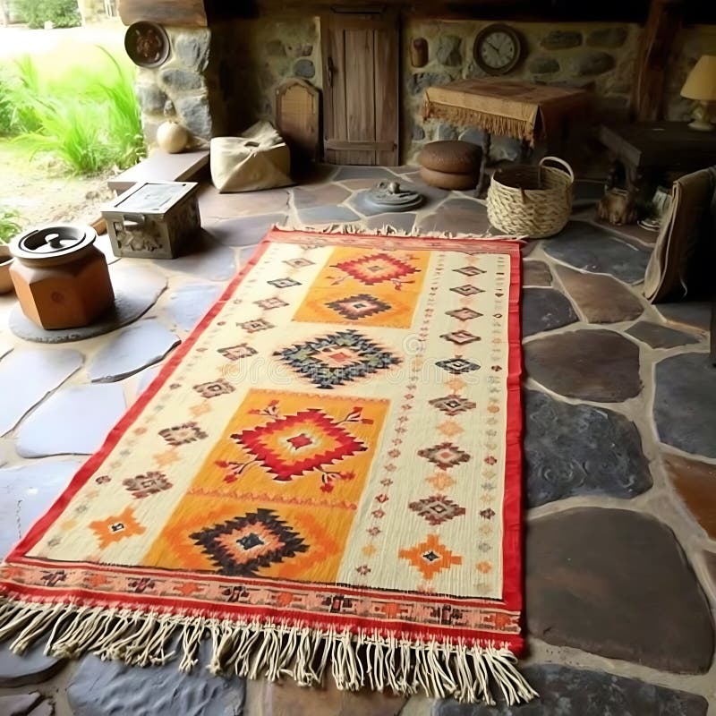 A Handwoven Rug Featuring Tribal Patterns and Warm Earth Tones Placed ...