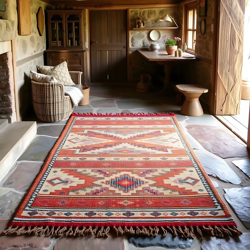 A Handwoven Rug Featuring Tribal Patterns and Warm Earth Tones Placed ...