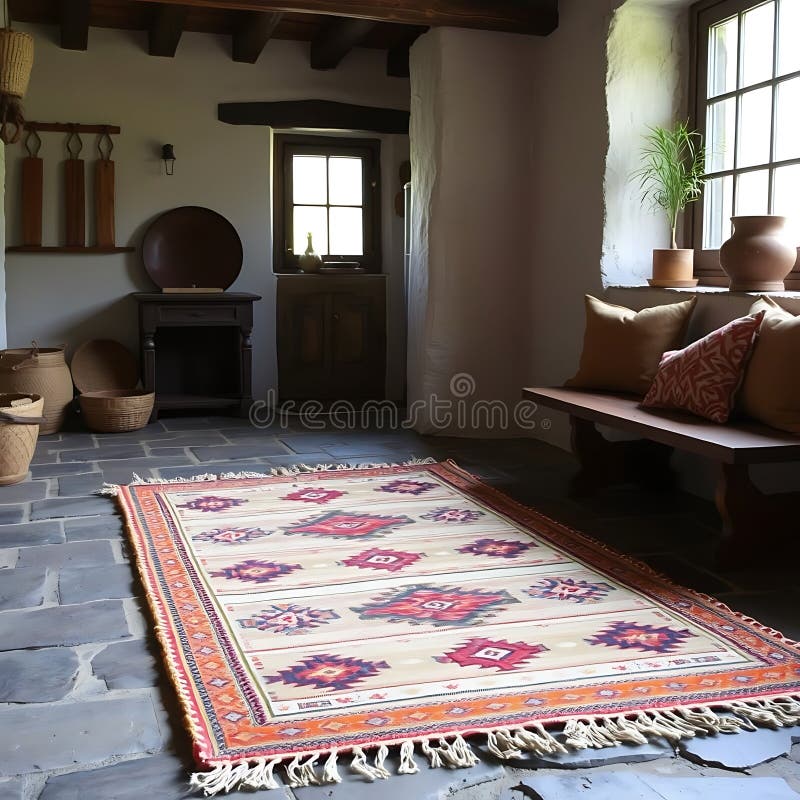 A Handwoven Rug Featuring Tribal Patterns and Warm Earth Tones Placed ...