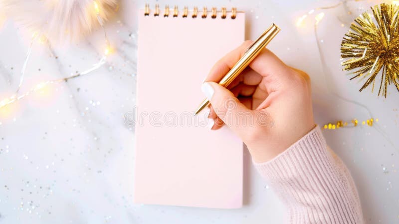 Handwriting in Festive Setting: Blank Notepad with Gold Pen and Holiday ...