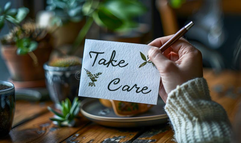 Handwriting a Heartfelt Take Care Message on a Plain White Card, a ...