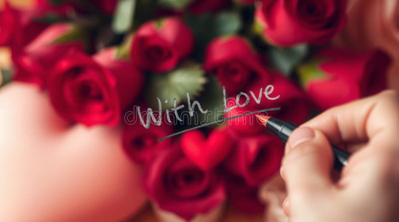 Handwriting "with Love" on Red Roses and Heart Background, Expressing ...
