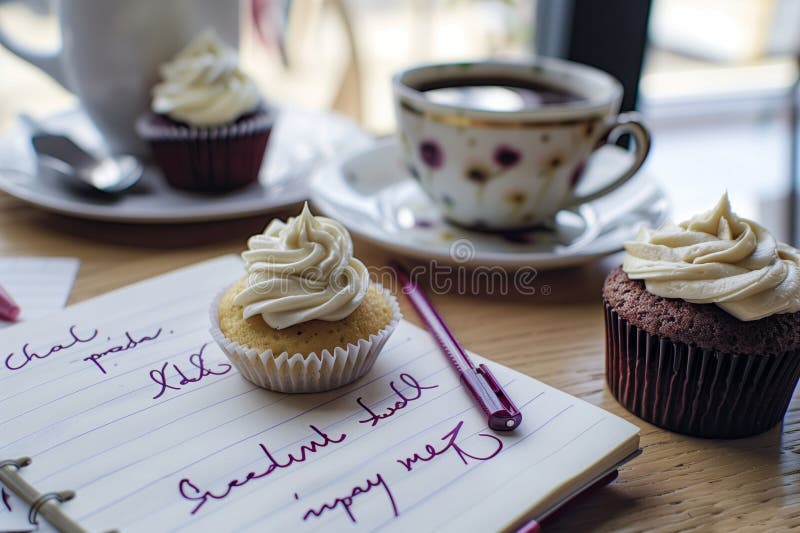 Handwriting Notes with a Cupcake and Coffee on the Desk Stock Photo ...