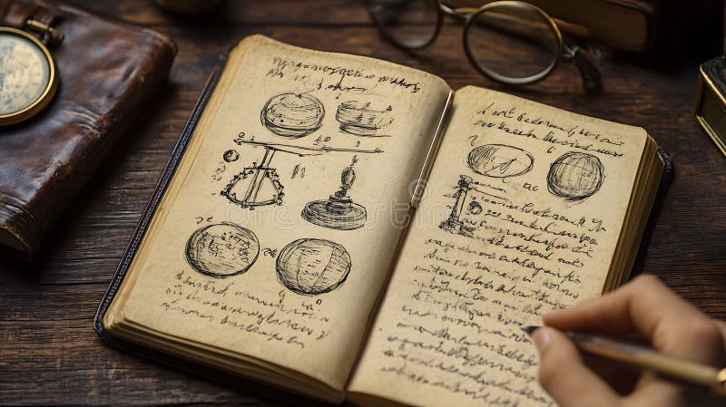 Handwriting in an Old Journal with Sketches of Scientific Instruments ...