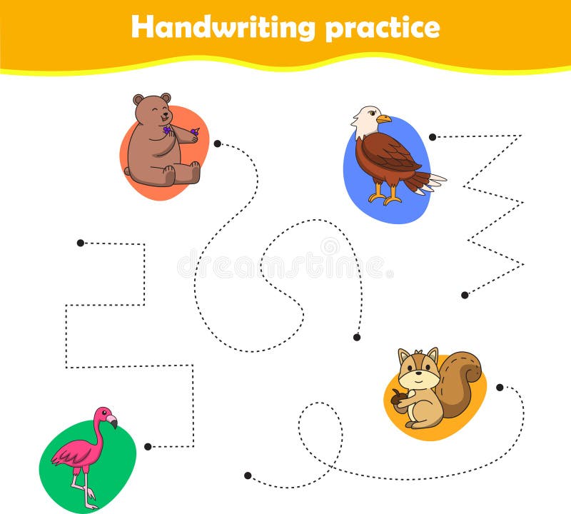 Handwriting Practice Sheet with Vector Illustration of Cute Animals ...