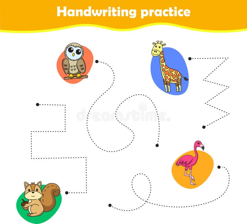 Handwriting Practice Sheet with Vector Illustration of Cute Animals ...