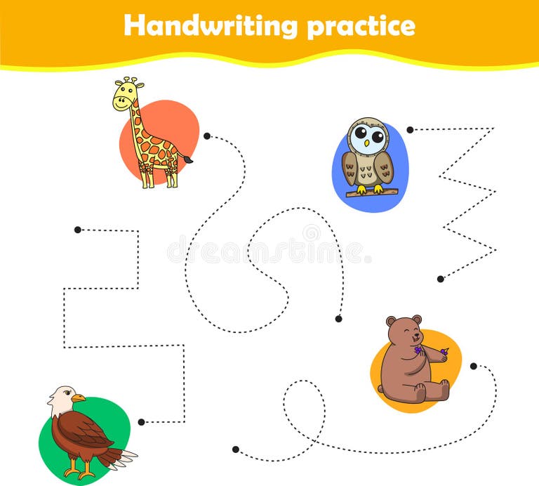 Handwriting Practice Sheet with Vector Illustration of Cute Animals ...
