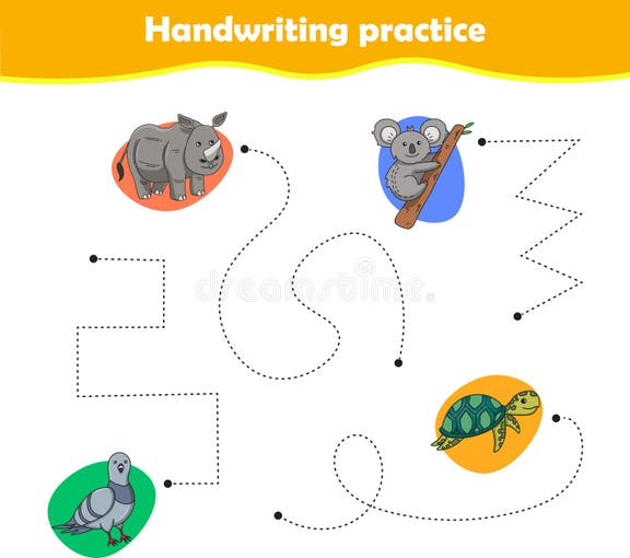 Handwriting Practice Sheet with Vector Illustration of Cute Animals ...