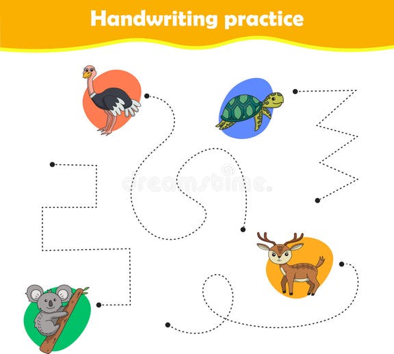 Handwriting Practice Sheet with Vector Illustration of Cute Animals ...