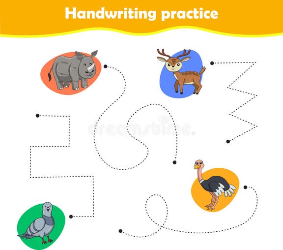 Handwriting Practice Sheet with Vector Illustration of Cute Animals ...