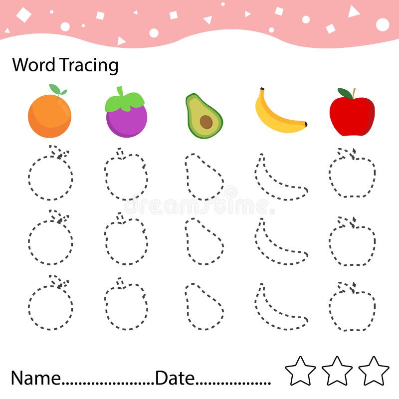 Handwriting Practice Sheet with Banana, Grape, Mangosteen, Apple ...