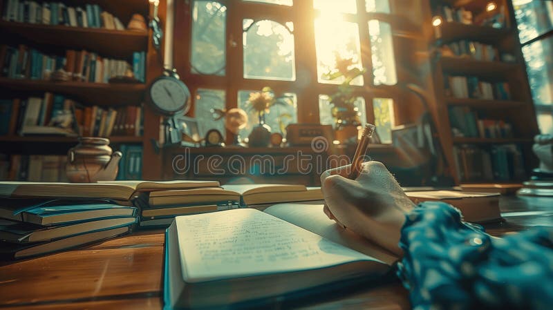 Handwriting in a Sunlit Cozy Home Library with Books Stock Illustration ...