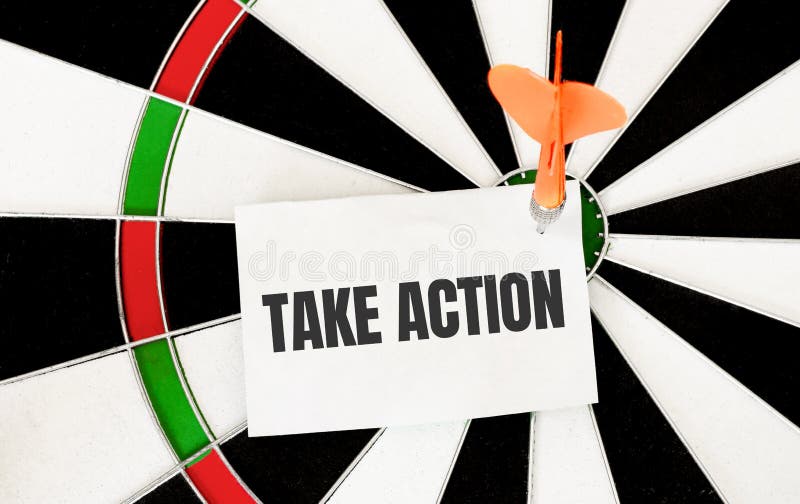 Handwriting TAKE ACTION on Notepaper with Dart Arrow and Dart Board ...