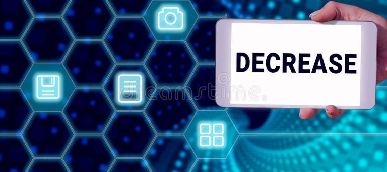 Hand Writing Sign Decrease. Word Written on Make or Become Smaller or Fewer in Size Amount ...