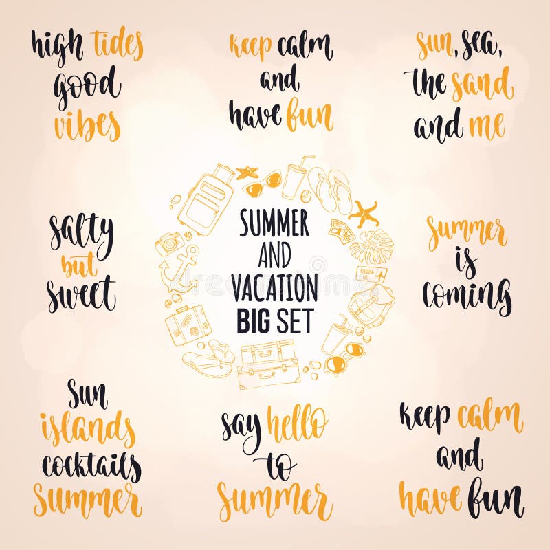 Modern Calligraphy Style Summer Vacation Phrase Big Set. Stock Vector ...